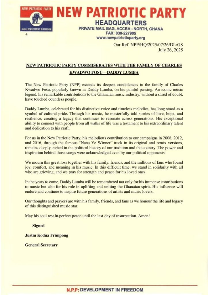 NPP pays tribute to Daddy Lumba, recalls his role in party campaigns ...